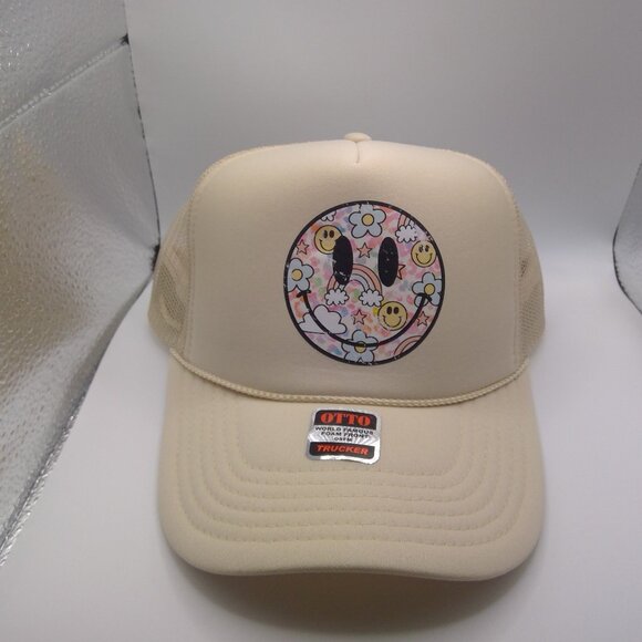 Accessories | Rainbow Smiley Face Tan Trucker Hat | Poshmark